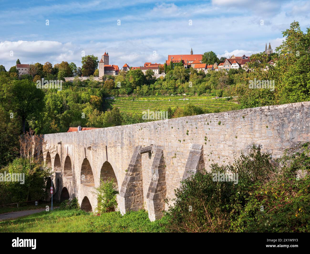 View from the medieval double bridge in the Tauber Valley ...