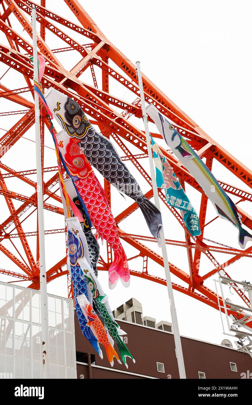 Tokyo, Japan. 18th Apr, 2024. Koinobori (carp banners) are on display ...