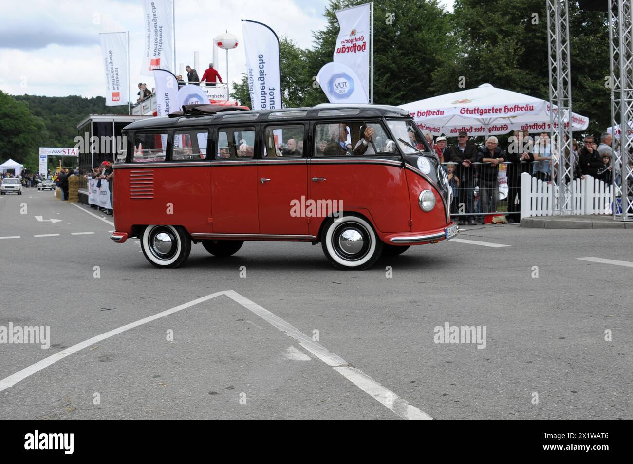 VW Samba Bus, built in 1953, side view of a classic red VW bus at an ...