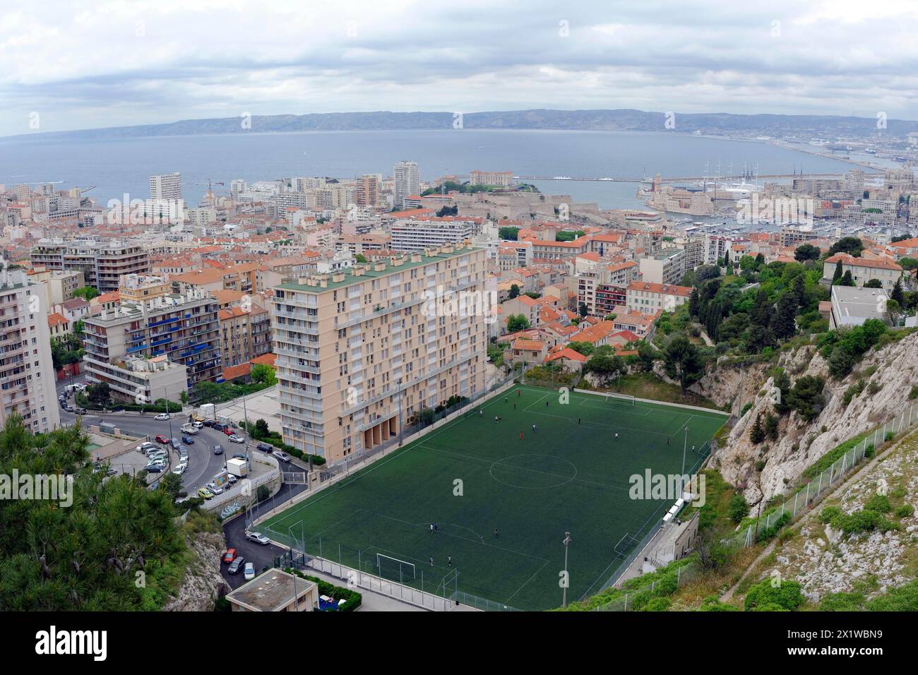 Marseille, panoramic view of a city with harbour, football pitch and ...