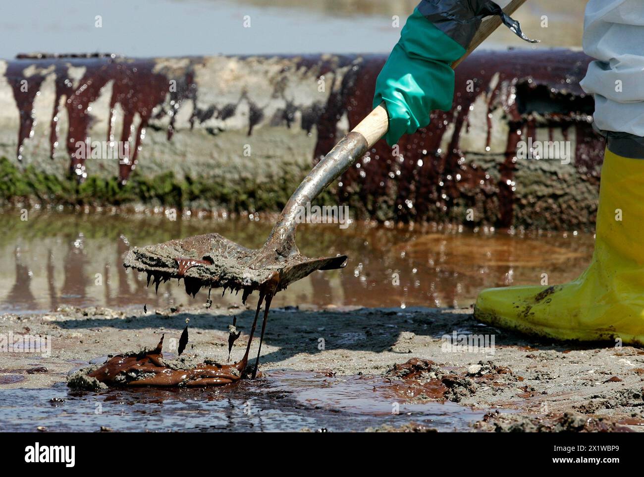 FILE - A worker shovels oil from the Deepwater Horizon oil spill off ...