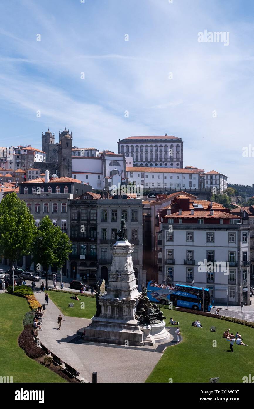 Cityscape with the Se do Porto cathedral and the statue in the Infante ...