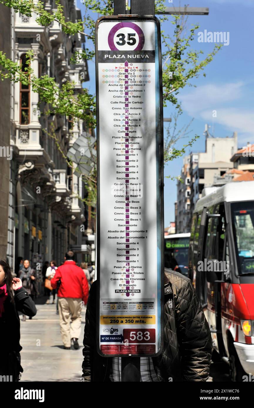 Granada, bus stop sign with the number 35 and a list of bus stops in an ...