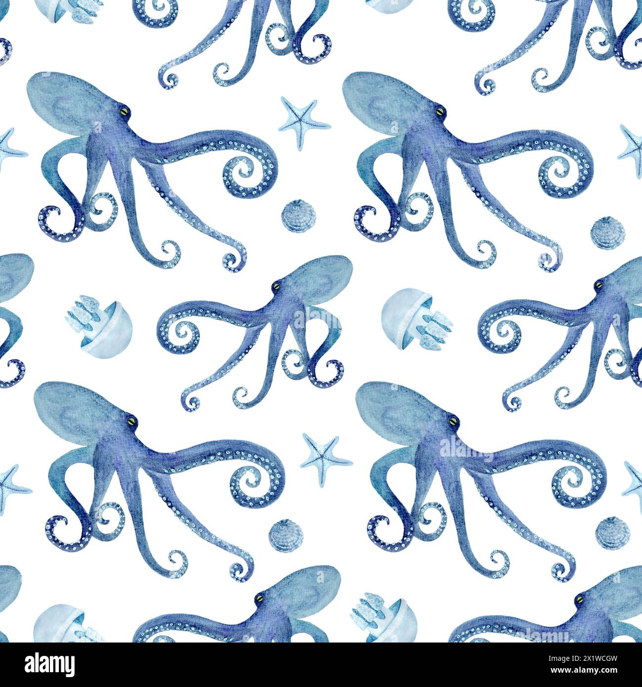 Octopus starfish jellyfish watercolor seamless pattern isolated on ...