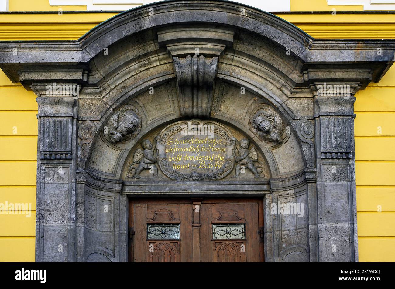 Main entrance gate with psalm, Holy Trinity Church, Kaufbeuern, Allgaeu ...
