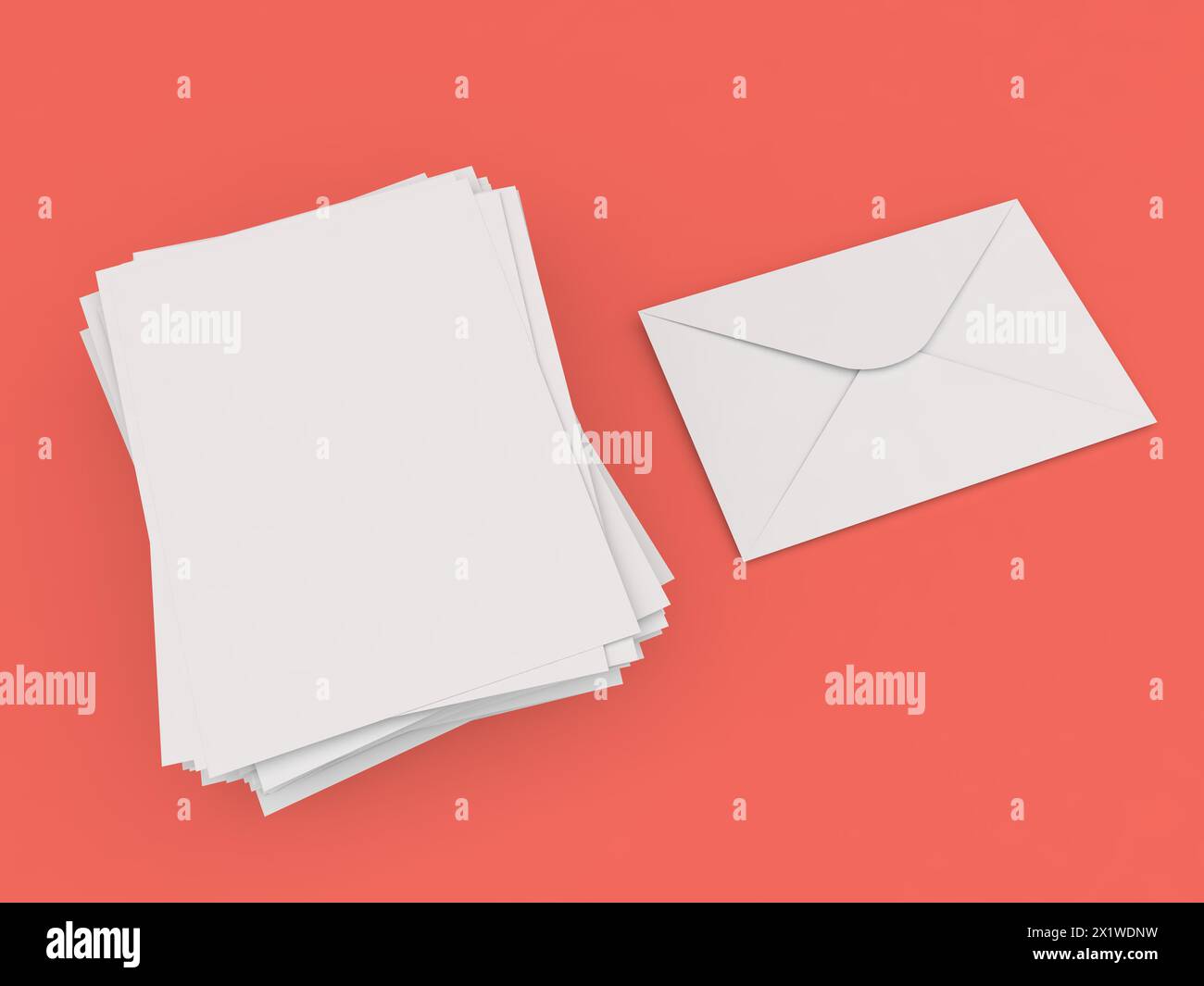 Stack of A4 paper and envelope on red background. 3D rendering ...