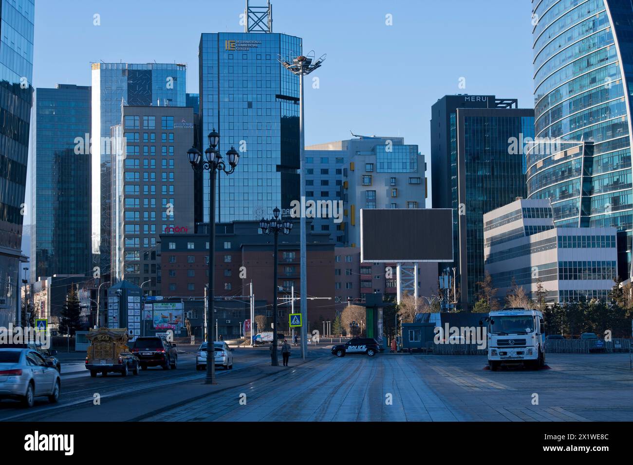 City cleaning vehicle at the Central Tower Ulaanbaatar, Blue Sky Tower ...