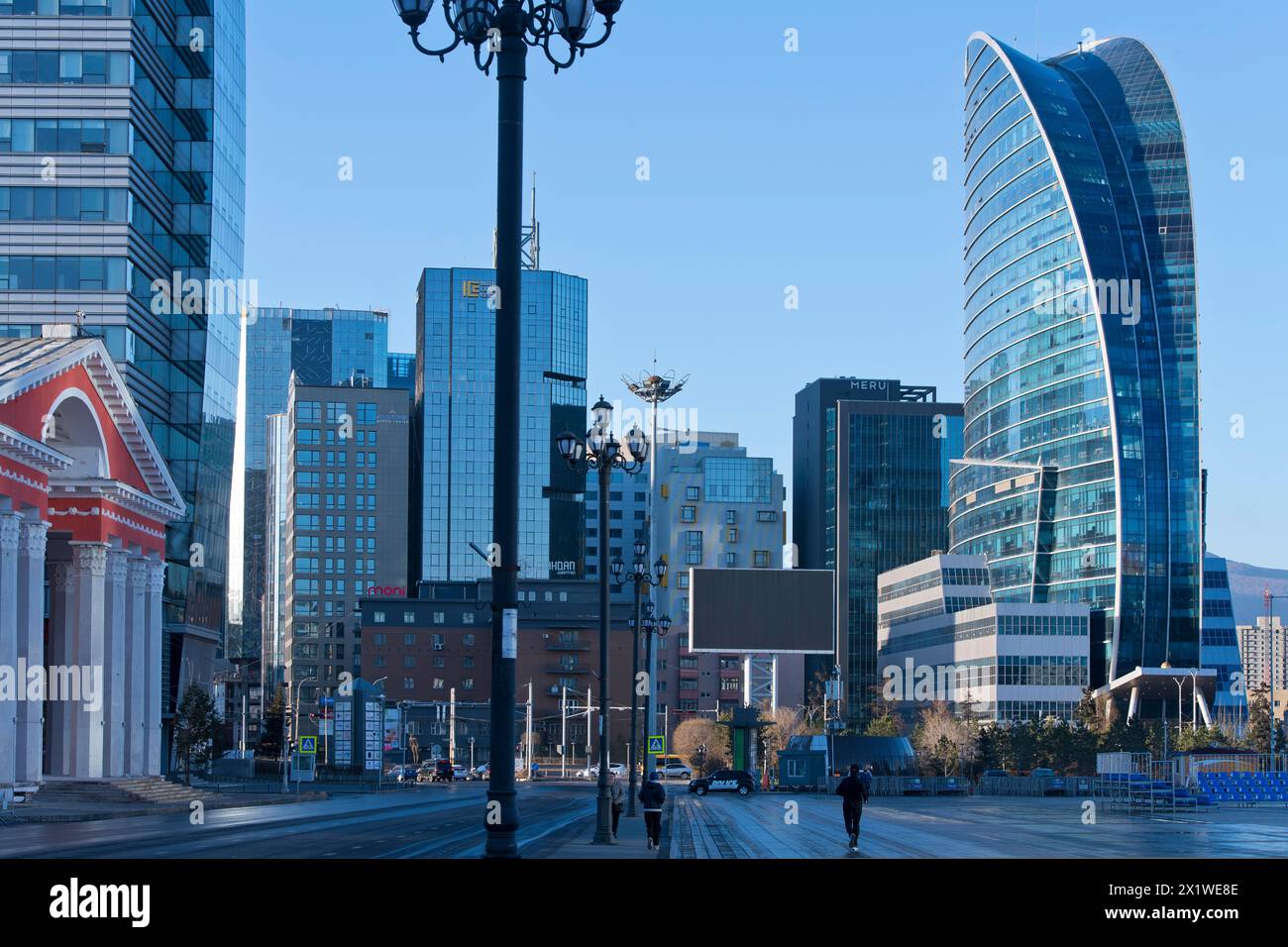 Central Tower Ulaanbaatar, Blue Sky Tower and statue of Damdin Suekhbaatar on Sukhbaatar Square ...