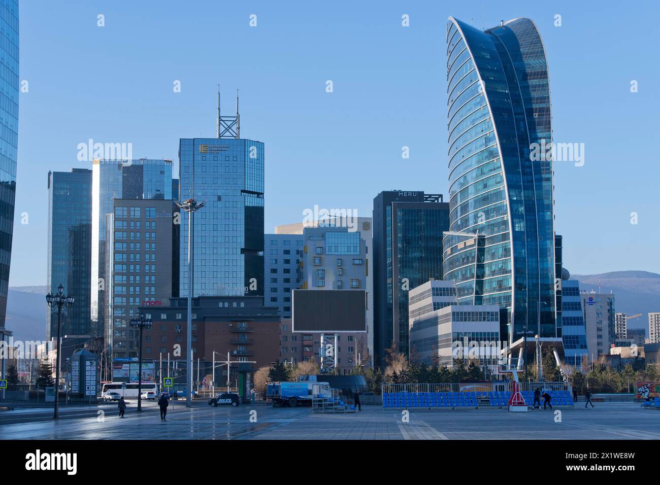 Blue Sky Tower and statue of Damdin Suekhbaatar on Sukhbaatar Square ...
