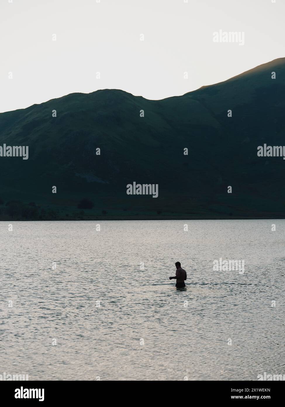 A lone silhouetted figure swimming in a minimal lake landscape ...