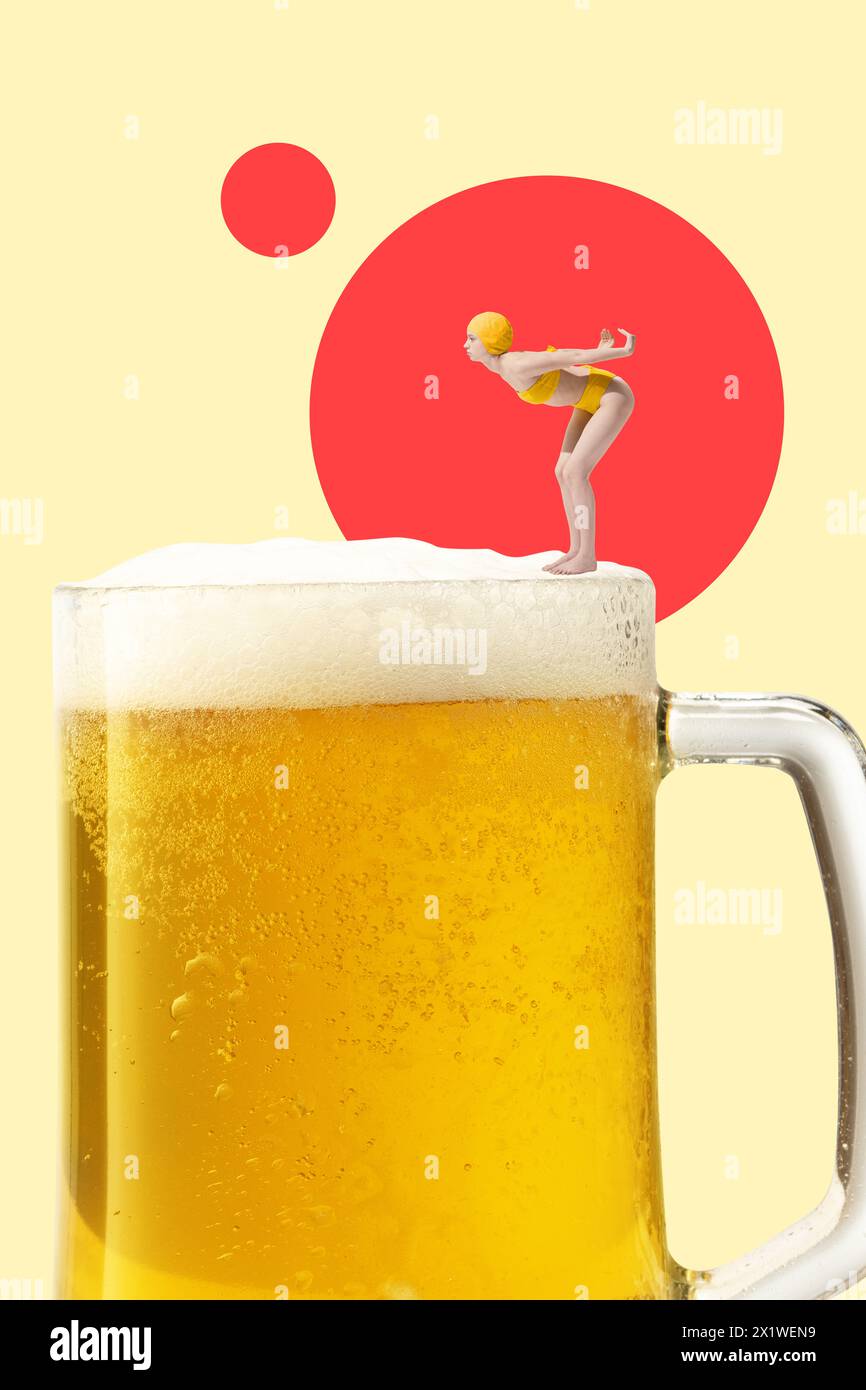 Poster. Contemporary art collage. Woman in swimsuit stands on edge of ...