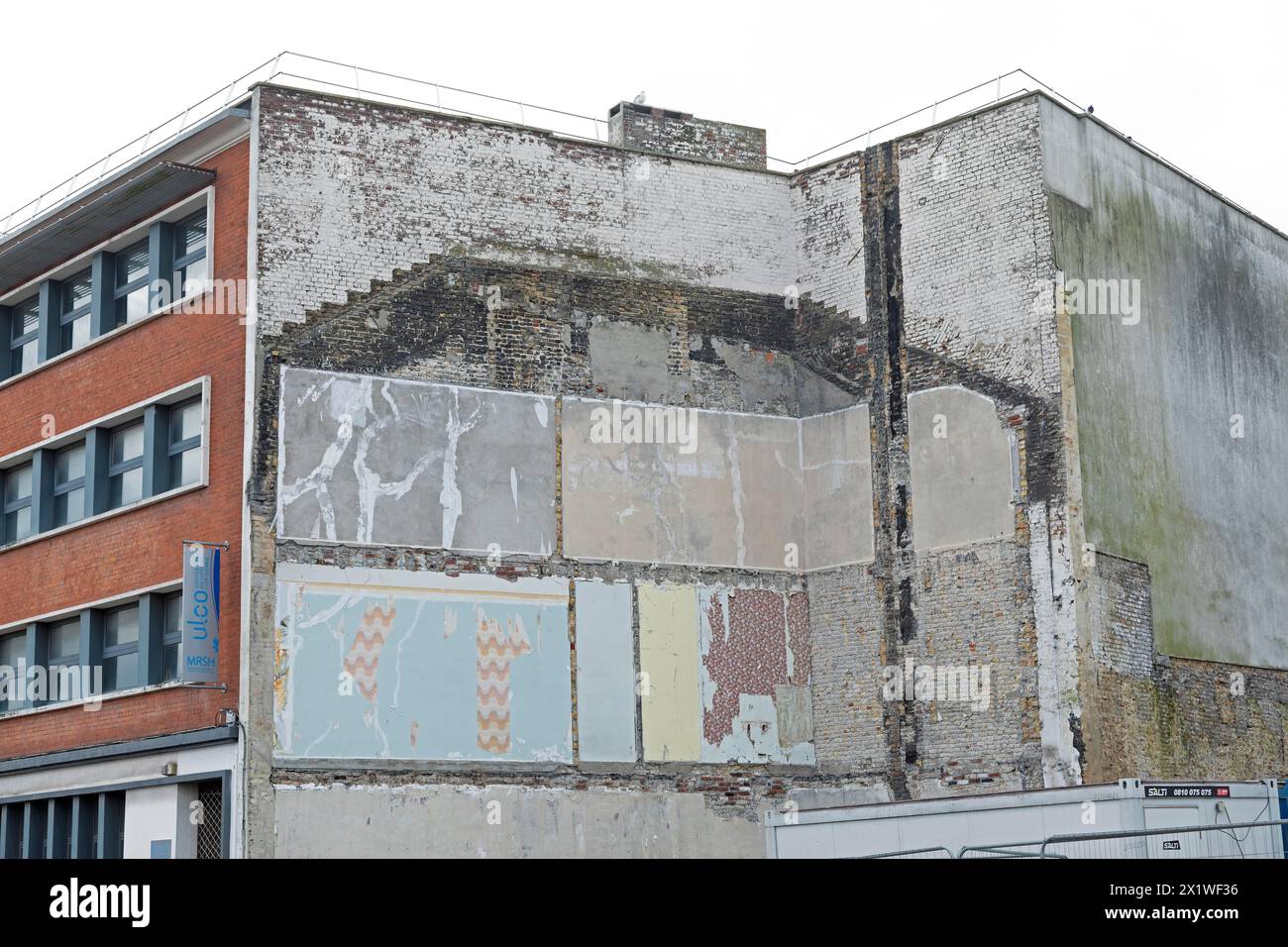 Old wallpaper remnants on wall, demolished house, Dunkirk, France Stock ...