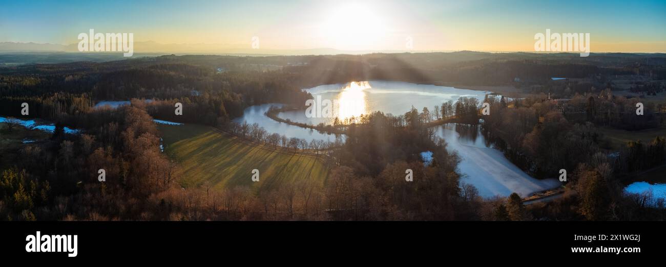 Drone panorama, all-round view, 360 degree panorama, Bavaria, winter ...