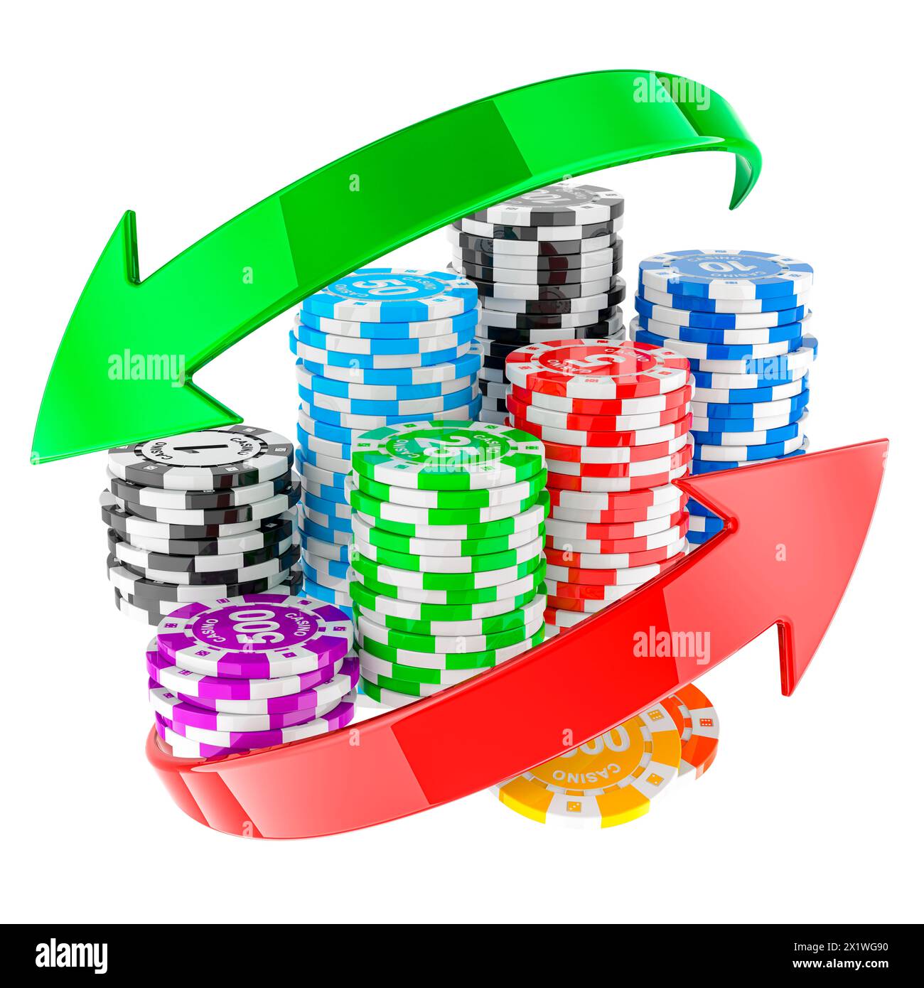 Casino Tokens with green and red arrows around. 3d rendering isolated ...