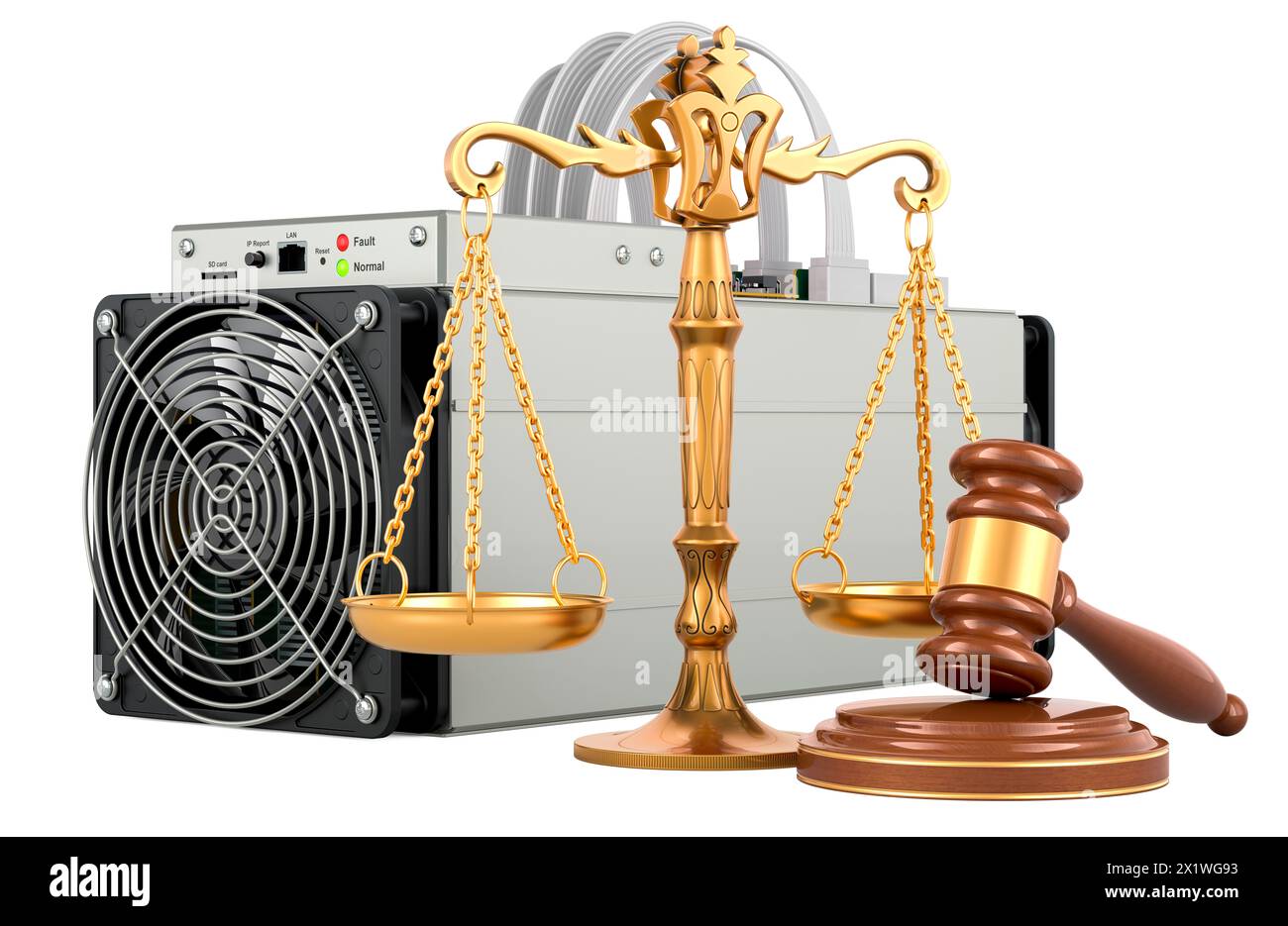 ASIC miner with wooden gavel and scales of justice. 3D rendering ...