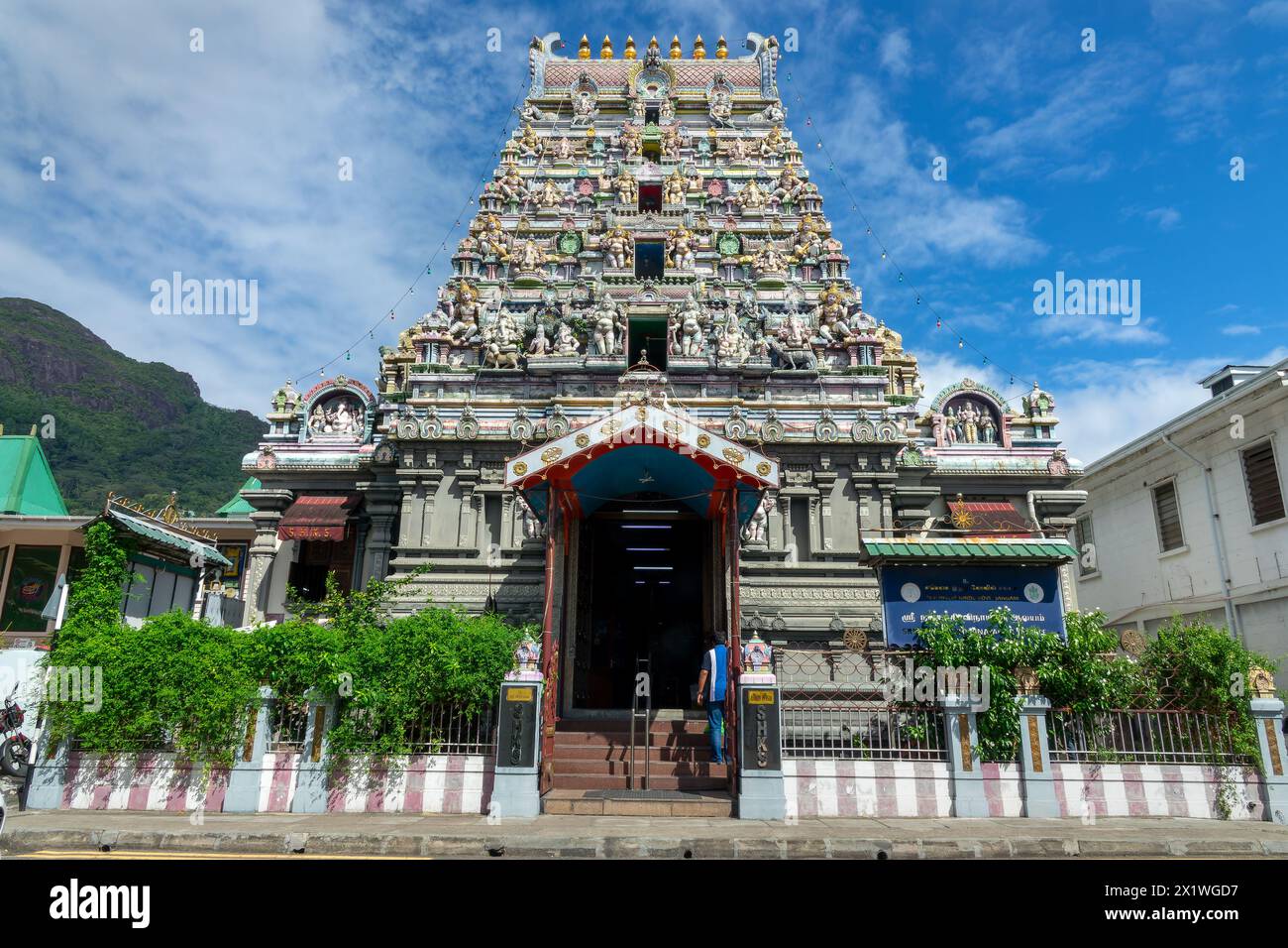 Exterior of the Indian temple in Victoria, Mahé island, Seychelles ...