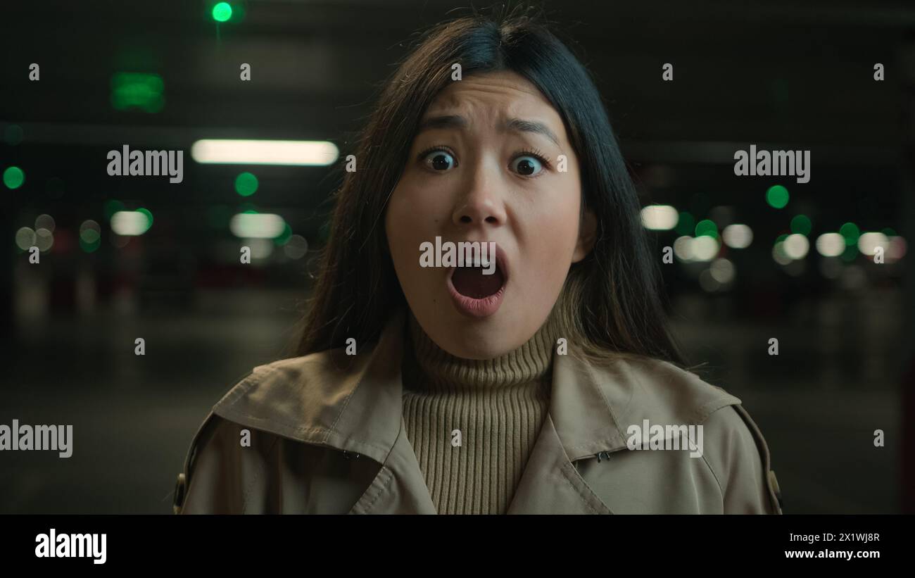 Afraid girl Asian chinese japanese woman shocked bad news frightened ...
