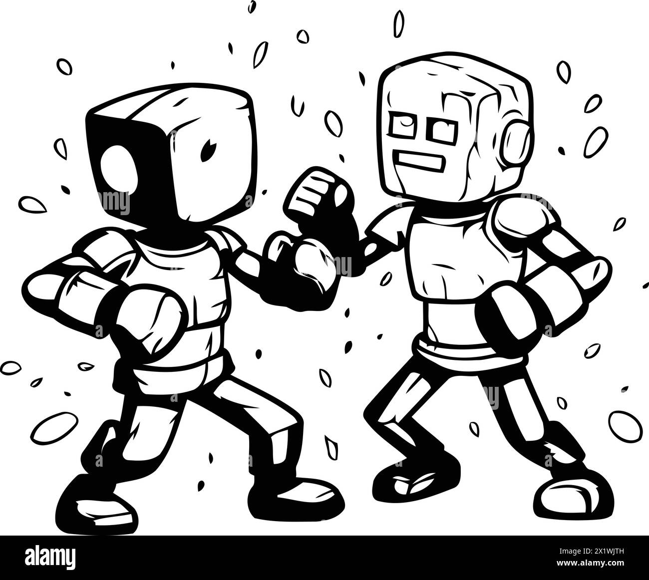 Cartoon robot fighting with another robot. Hand drawn vector ...