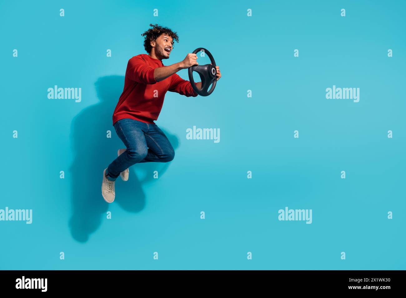 Full body size photo of taxi driver latin man jumping in traffic hold ...