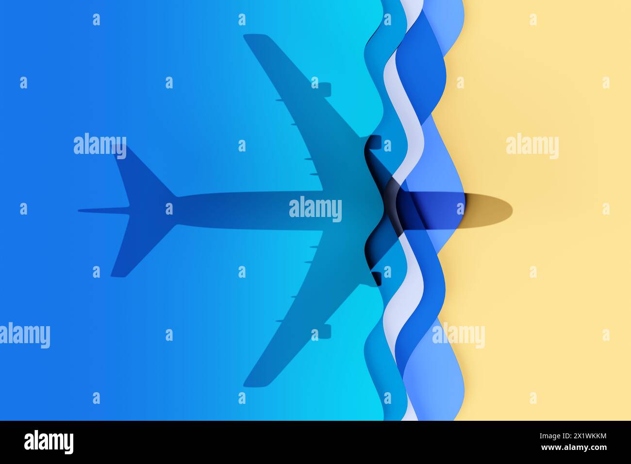 Shadow of commercial airplane projected on paper craft cutting beach ...