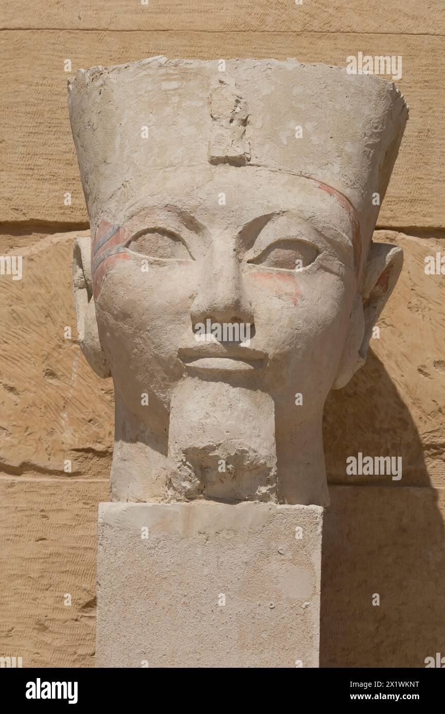 Carved stone head of Queen Hatshepsut, Mausoleum, necropolis temple to ...