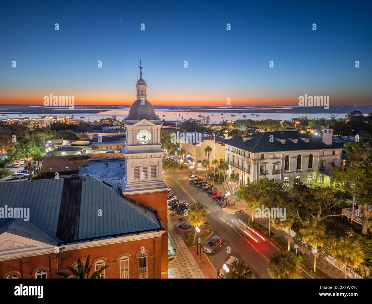 Fernandina Beach, Florida, USA historic downtown cityscape at dusk ...