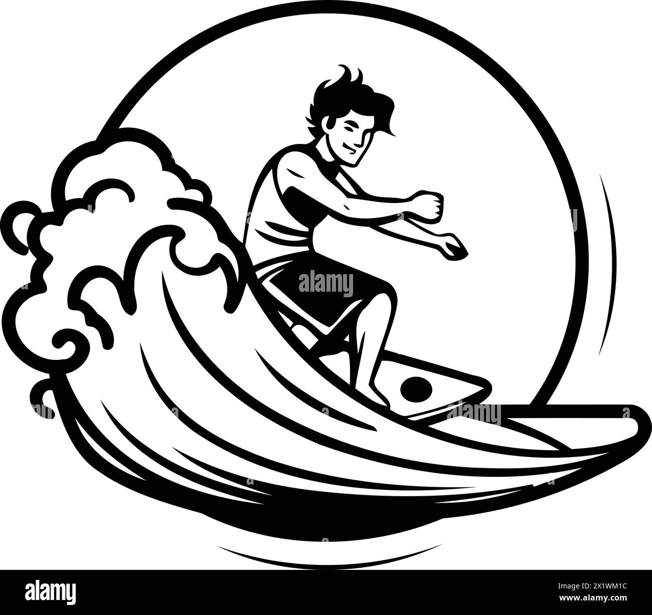 Vector illustration of a surfer riding a wave viewed from front set ...