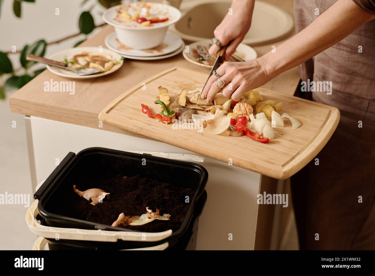 Young housewife chopping organic food wastes on wooden board before ...