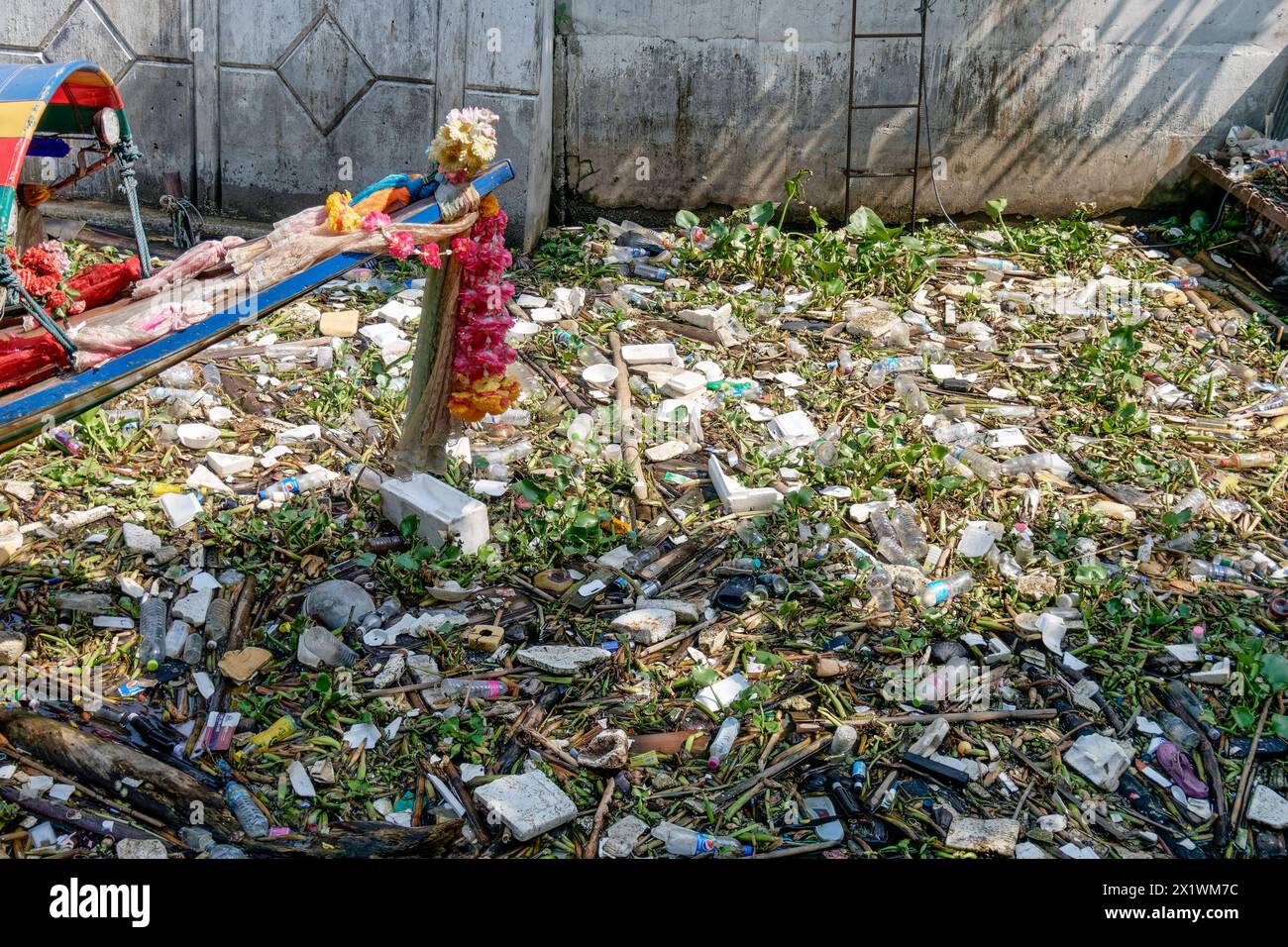 Heavily polluted local waterway near Chao Phraya River in Bangkok ...