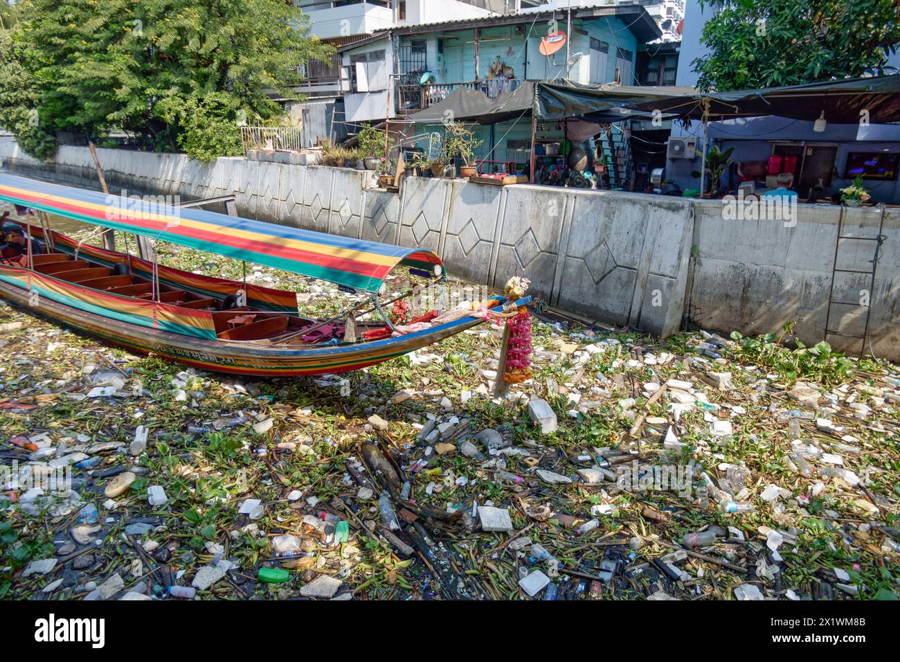 Heavily polluted local waterway near Chao Phraya River in Bangkok ...