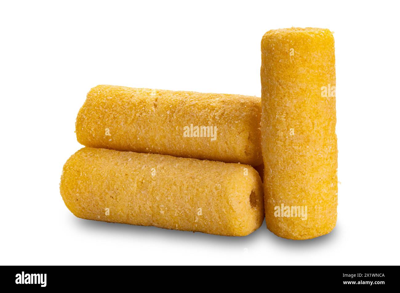 Crispy homemade roller corn snack isolated on white background with ...