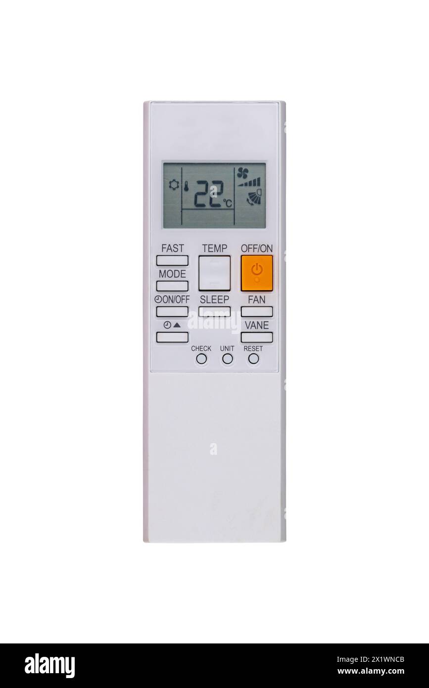 Top view of white plastic air conditioner remote control isolated on ...