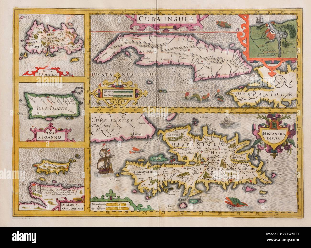 Engraving by Willem Hondinus. 17th Century. Cuba Insula. Island of Cuba ...