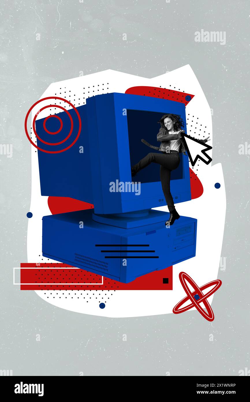 Vertical photo collage of angry girl fight cursor computer monitor ...