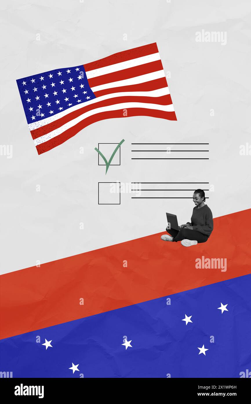 Collage artwork sketch of responsible young woman choose candidate ...