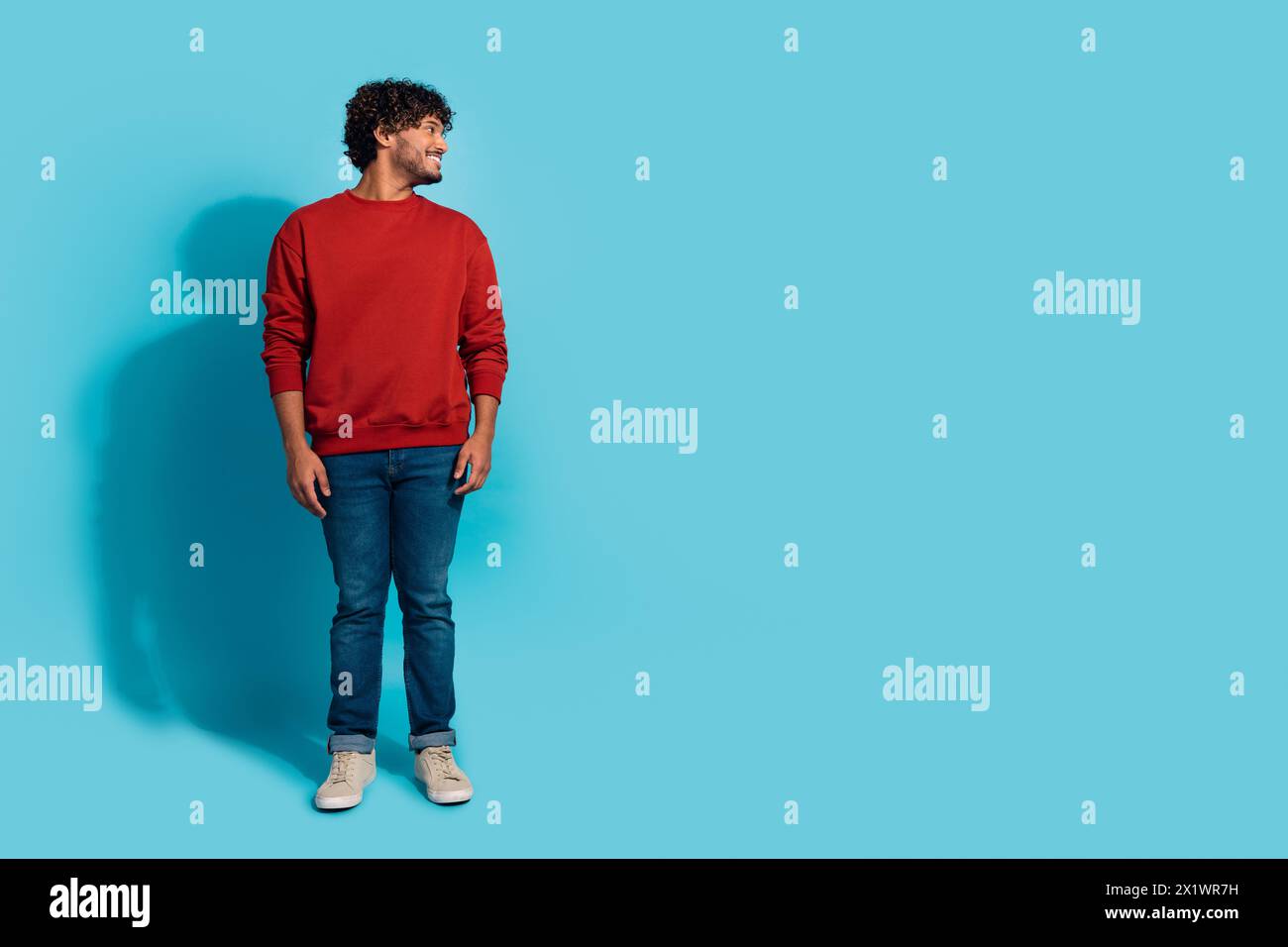 Full body photo of positive nice person turn head look empty space ...