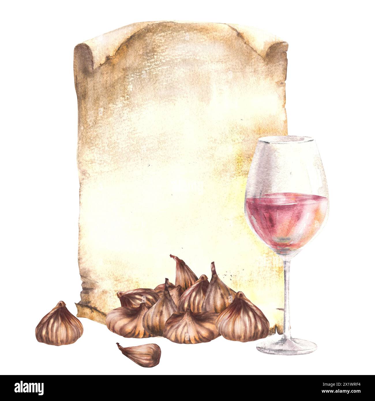 Dried figs fruit with glass of alcoholic drink or wine on vintage paper ...