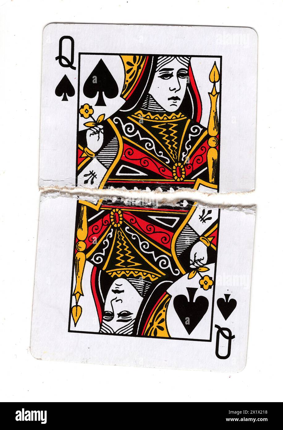 A queen of spades playing card torn in half on a white background Stock ...