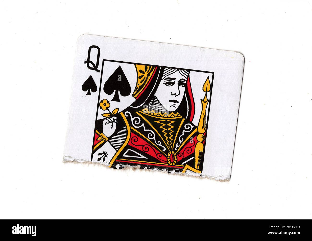 A torn half of a queen of spades playing card on a white background ...