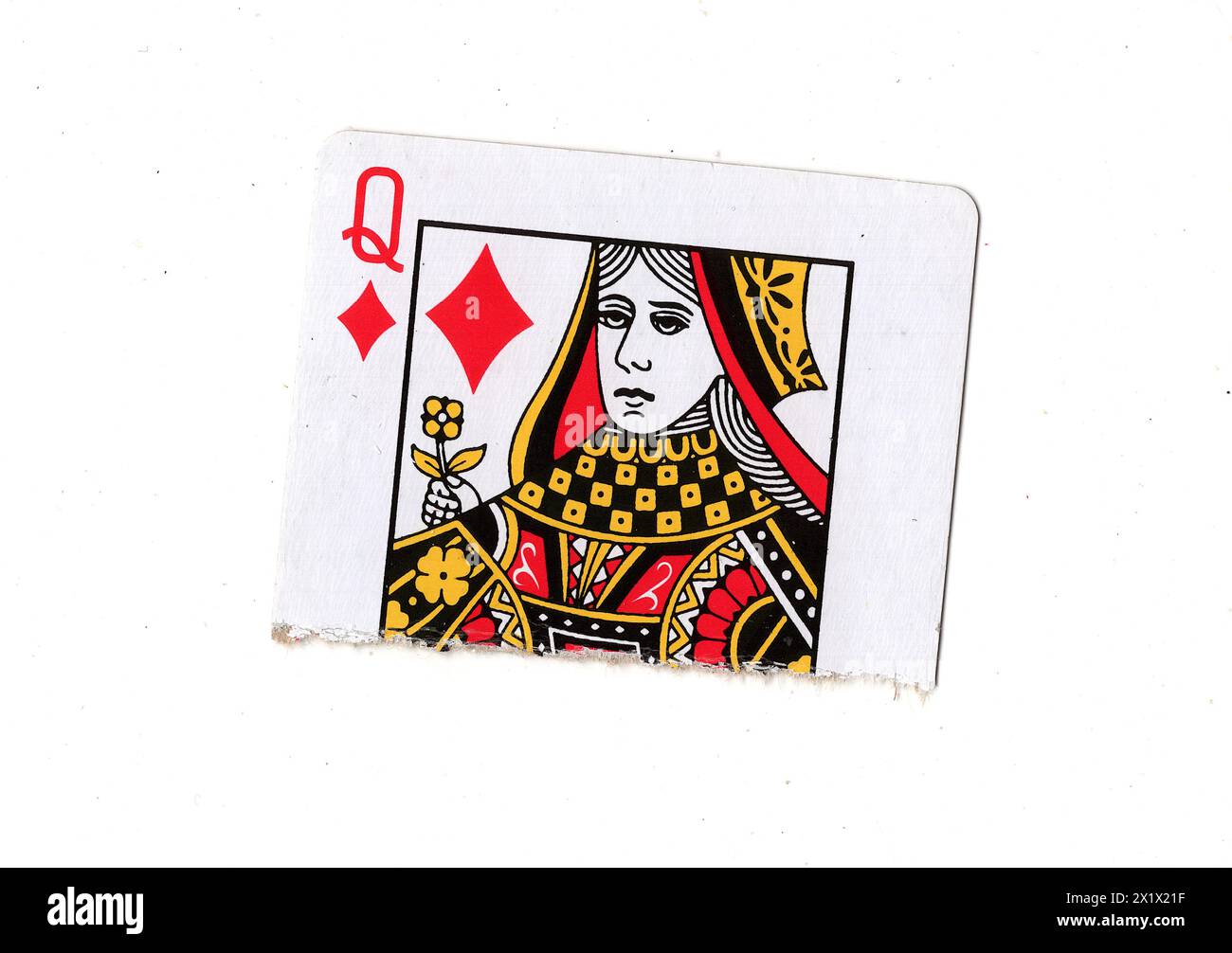 A torn half of a queen of diamonds playing card on a white background ...