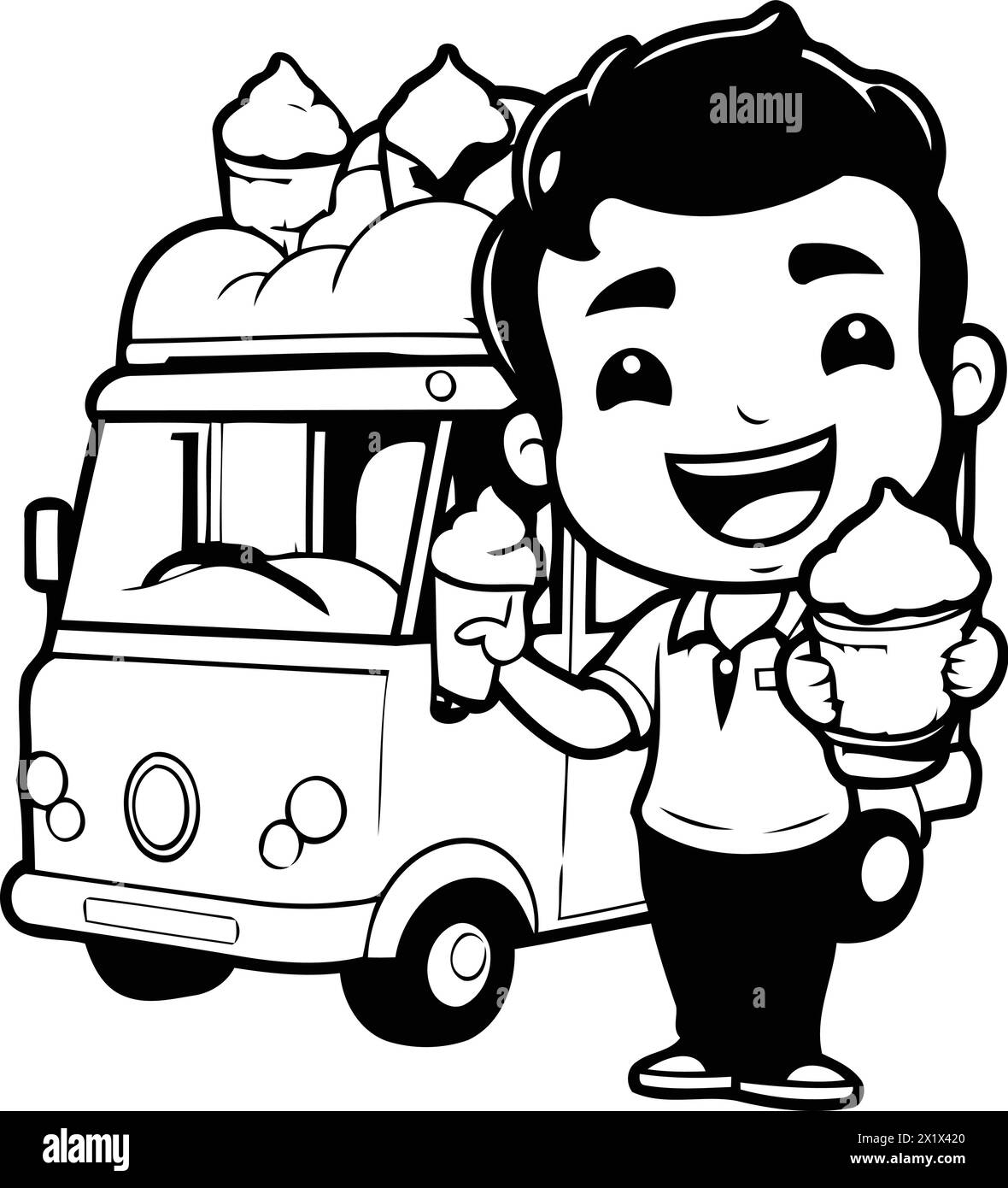 Man With Ice Cream Truck And Ice Cream Cone Vector Illustration Stock Vector Image And Art Alamy
