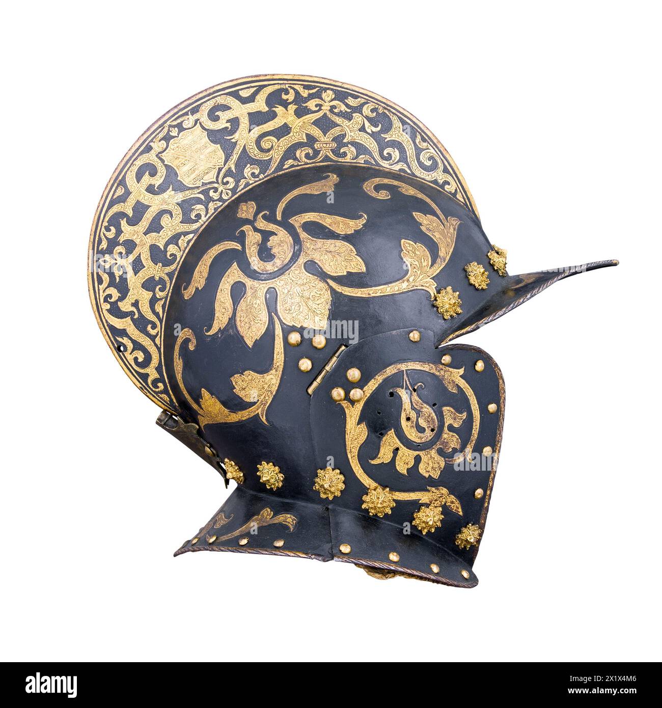 Ancient medieval helmet made of steel, german combat burgonet, isolated ...