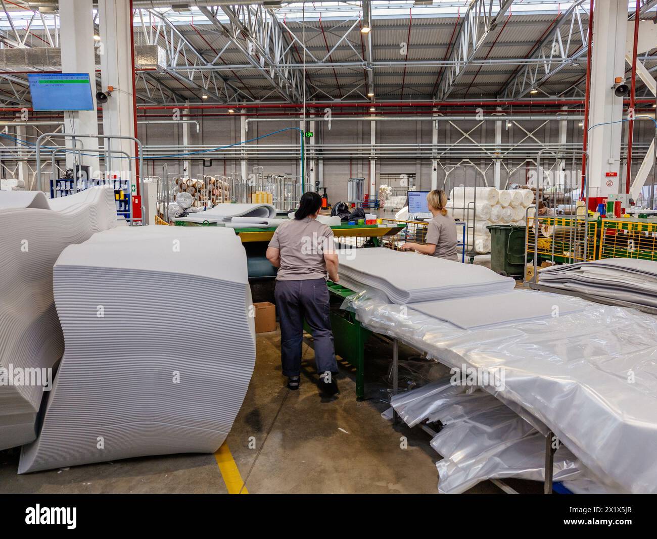 Workers at foam rubber cutting machine Stock Photo - Alamy
