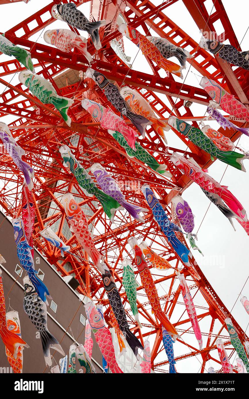 April 18, 2024, Tokyo, Japan: Koinobori (carp banners) are on display ...