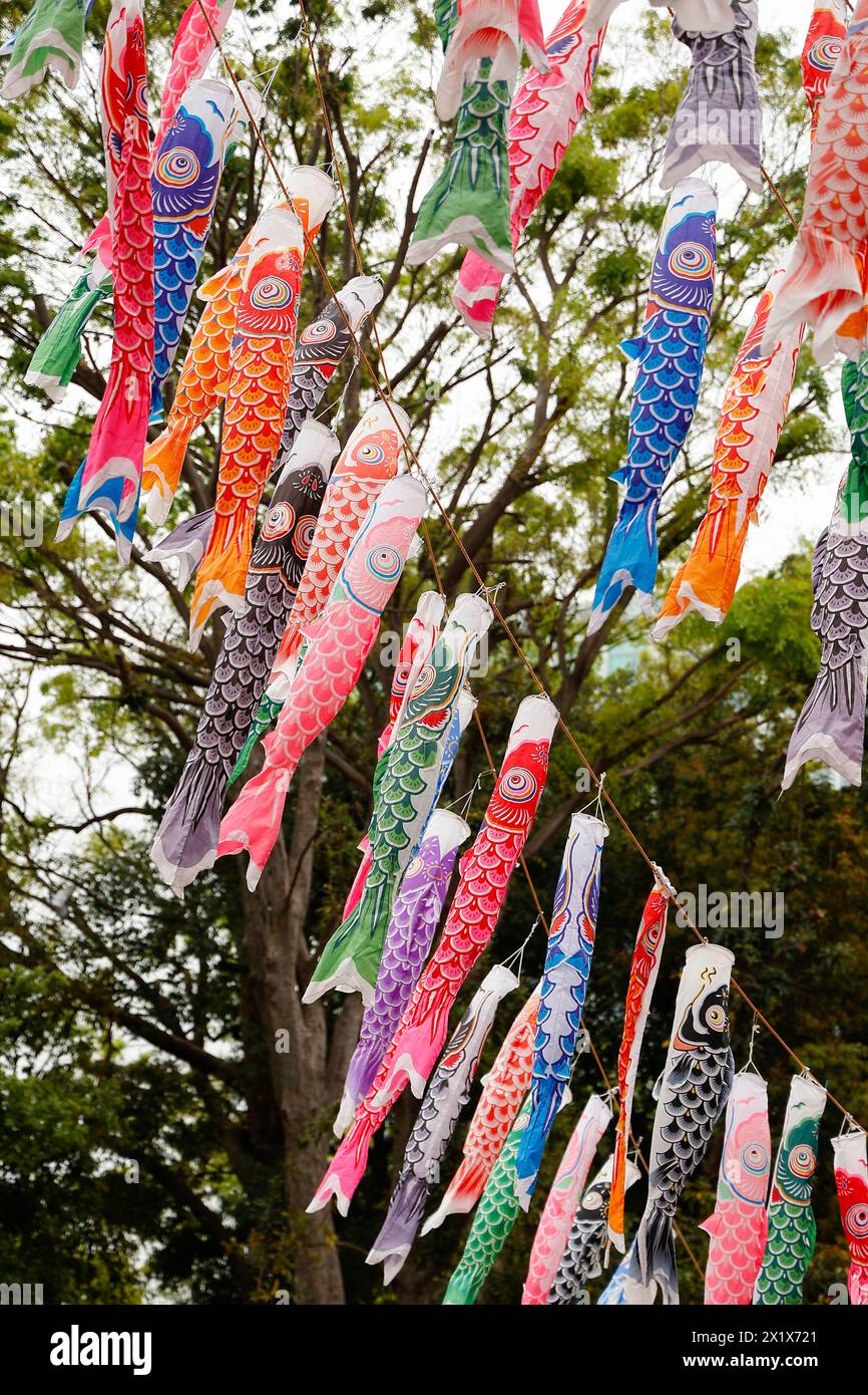 Tokyo, Japan. 18th Apr, 2024. Koinobori (carp banners) are on display ...