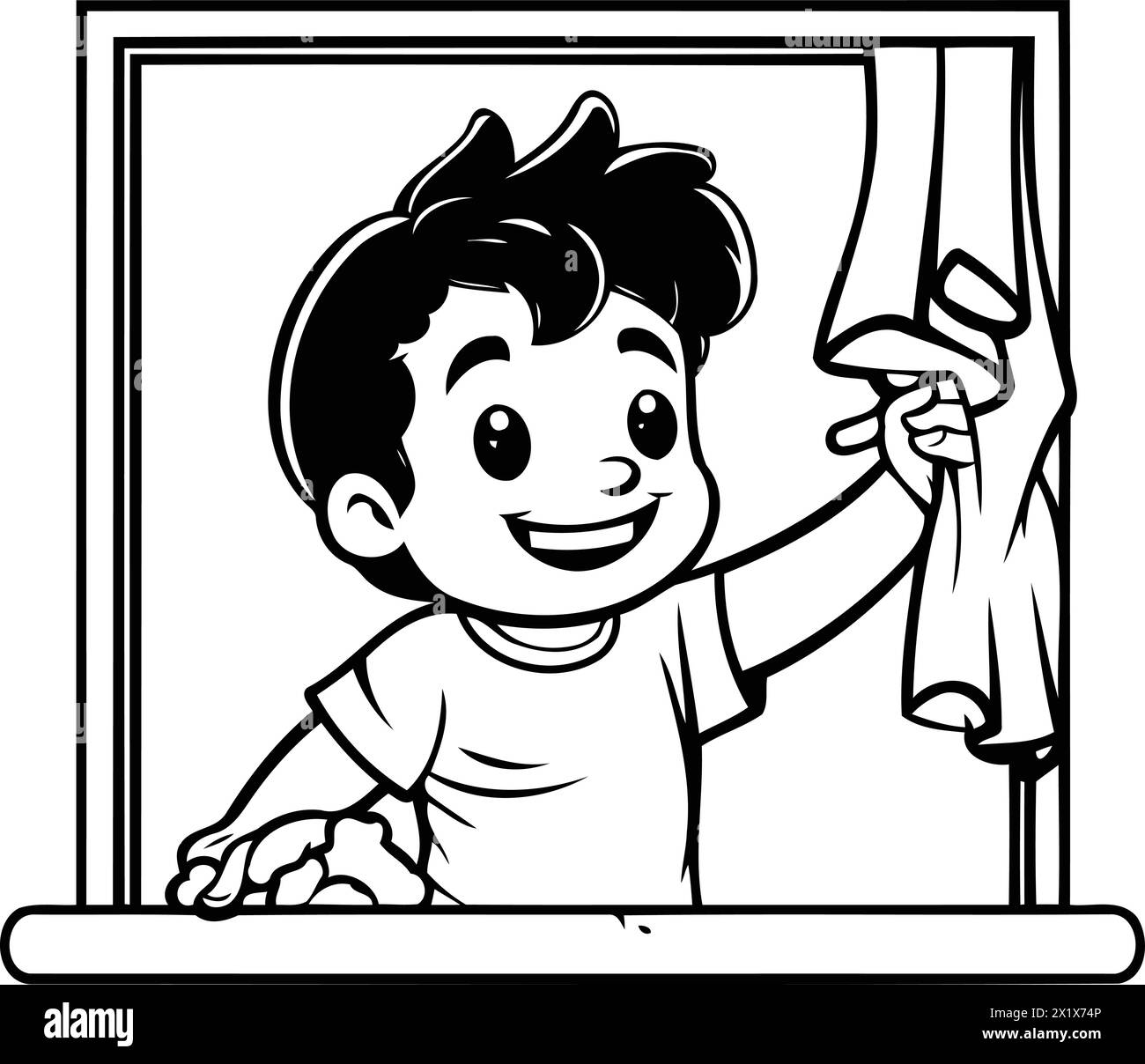 Illustration of a boy washing window at home. Vector illustration Stock ...