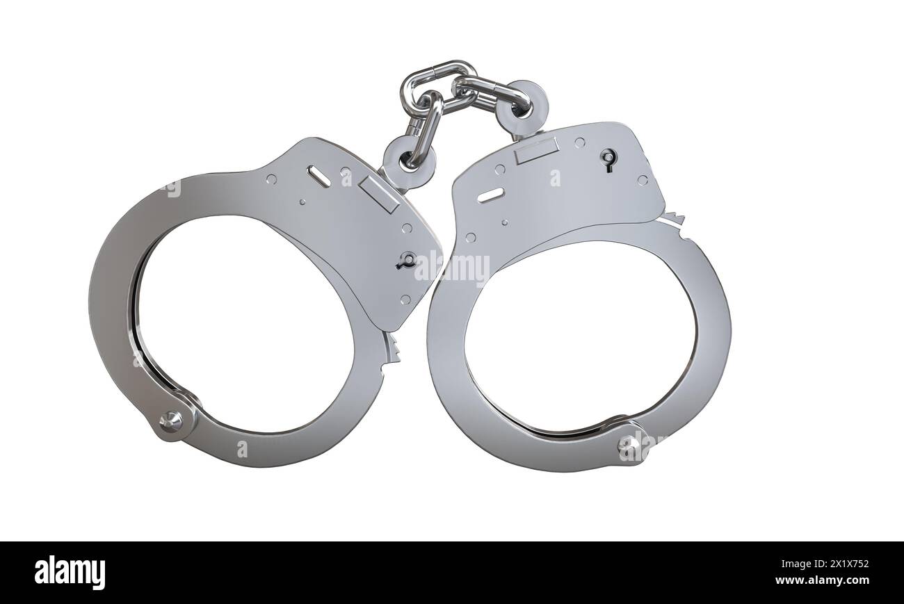 closed silver handcuffs isolated on a white backdrop, 3d render Stock ...