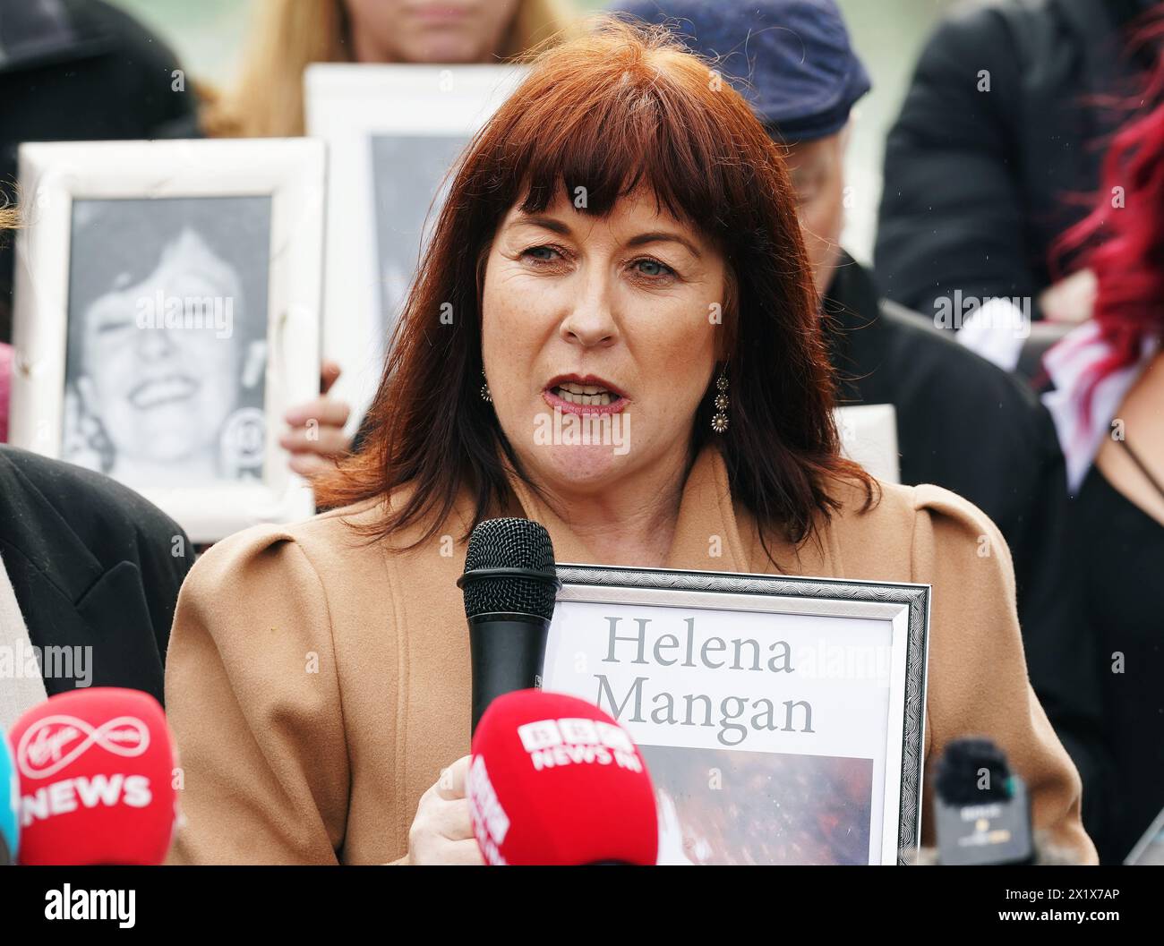 Samantha Mangan, whose mother Helena died, speaks to the media as ...