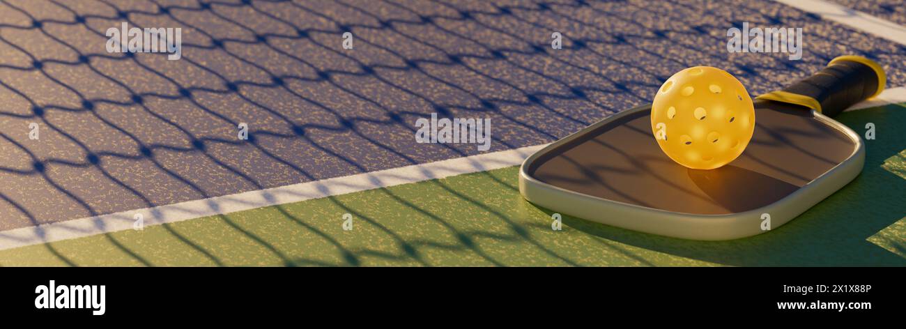 A pickleball racket and ball lie on the court in the shadow of the ...