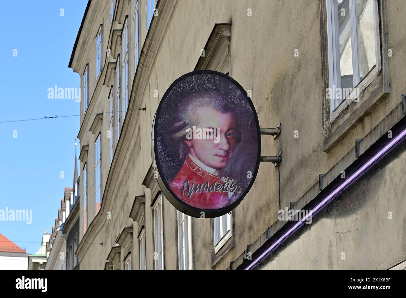 Vienna, Austria. Advertising board with Wolfgang Amadeus Mozart in ...